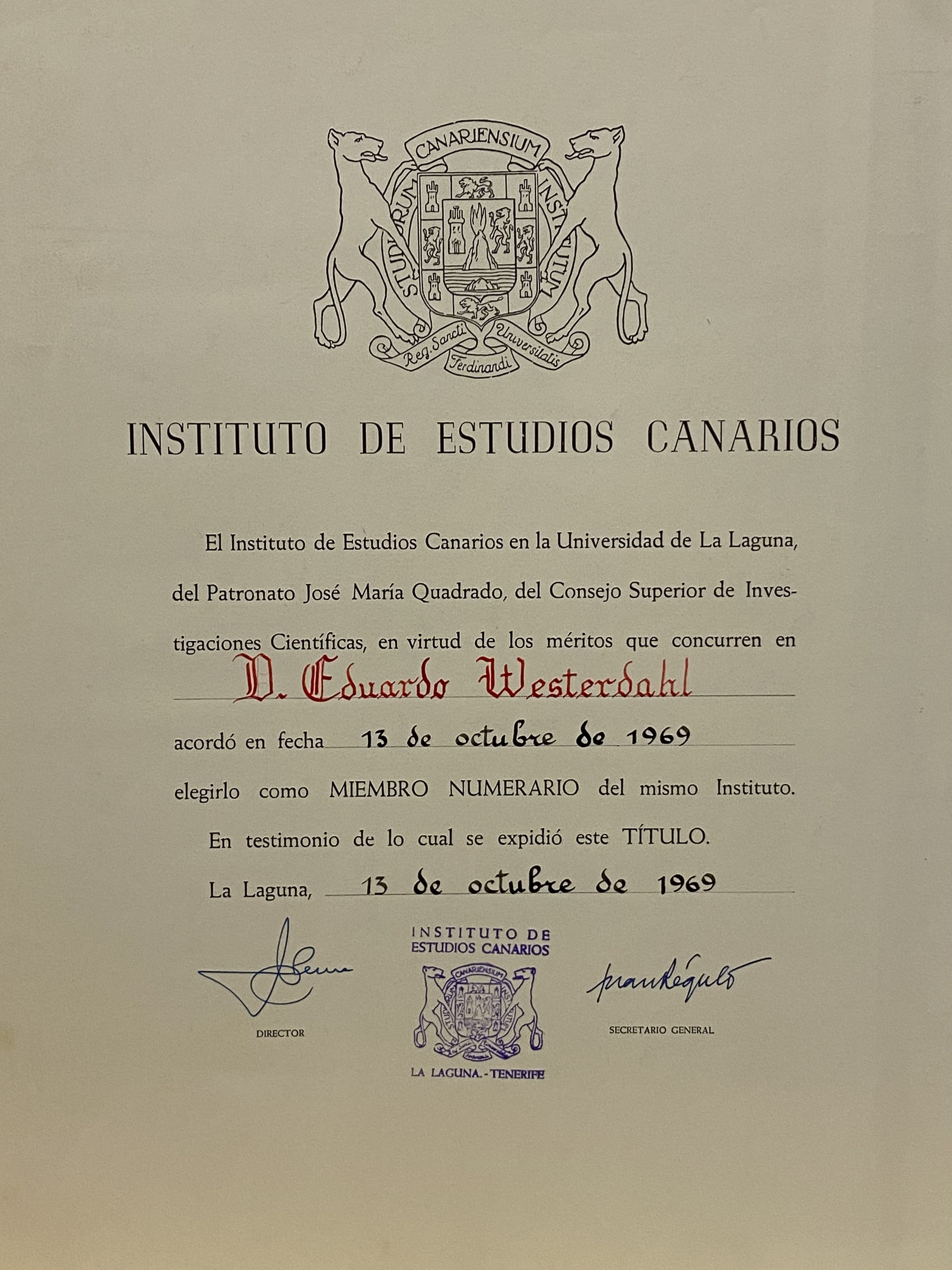 Certificado expedido a Eduardo Westerdahl en tanto que miembro ...